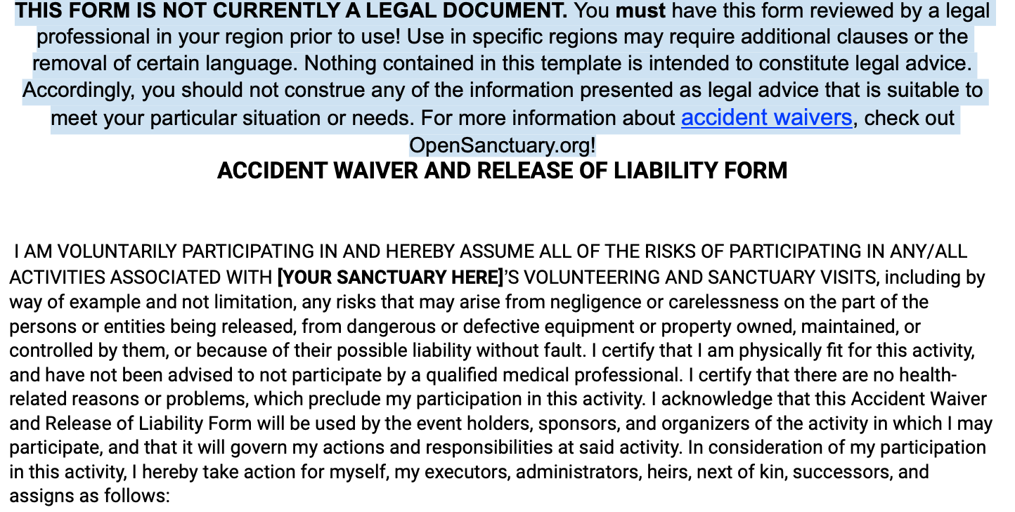 Accident Waiver And Release Of Liability Template For Animal ...