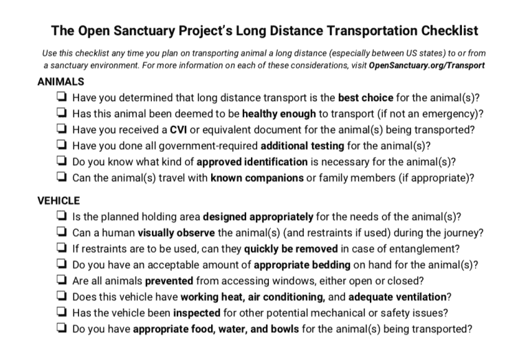 The Open Sanctuary Project’s Long Distance Transportation Checklist ...
