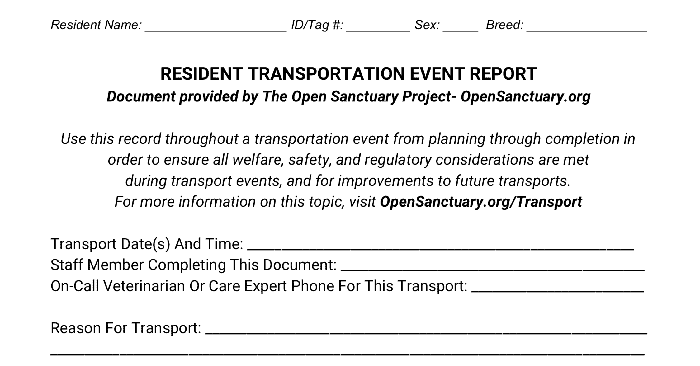 The Open Sanctuary Project's Resident Transportation Event Report Form ...