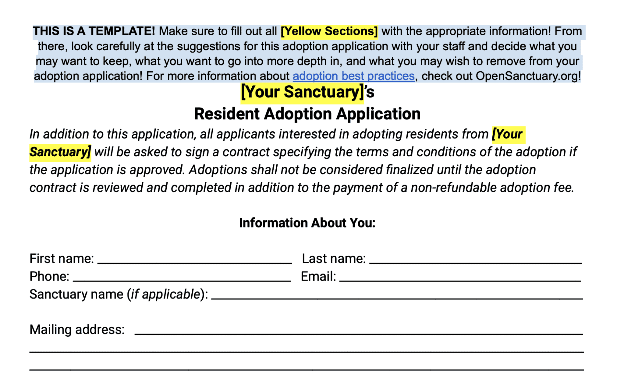 The Open Sanctuary Project's Sanctuary Resident Adoption Application ...